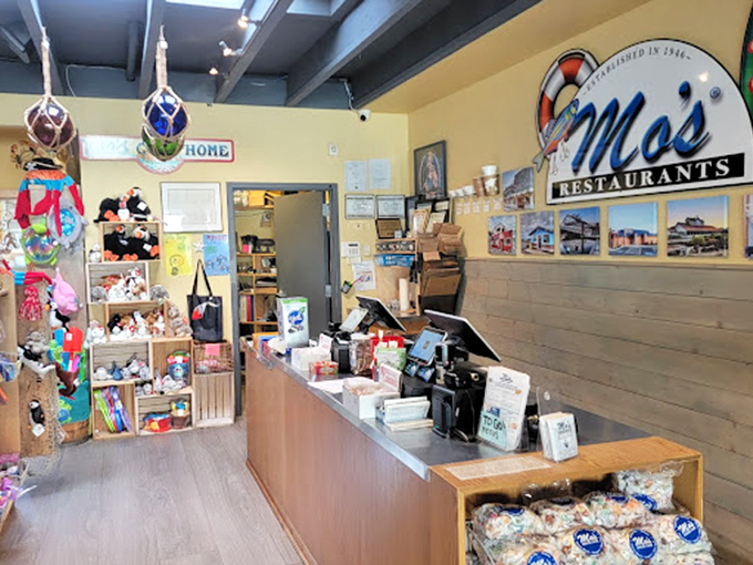 Where seafood dreams begin—Mo's counter offers a glimpse into coastal retail therapy alongside their legendary ocean-to-table cuisine.