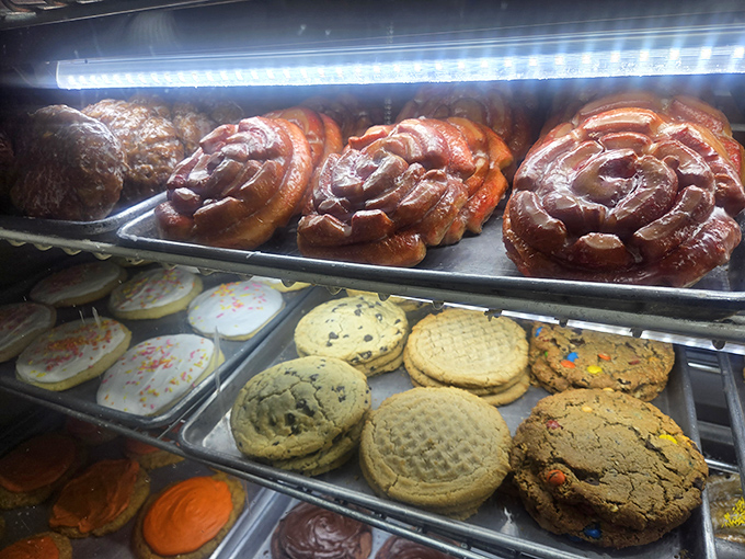 Spiral cinnamon buns and cookies lined up like contestants in a deliciousness pageant. Resistance is futile.