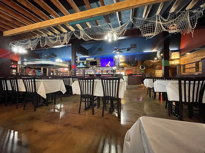 The dining room feels like the captain's quarters of a particularly stylish fishing vessel—minus the seasickness, plus comfortable chairs.