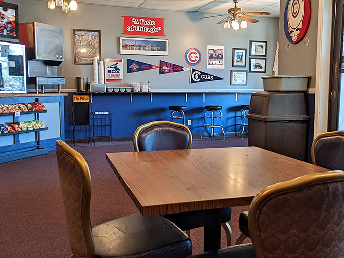 Cubs pennants and Chicago memorabilia aren't decoration—they're certification. This isn't cosplaying Chicago food; it's a passionate homage to the original.