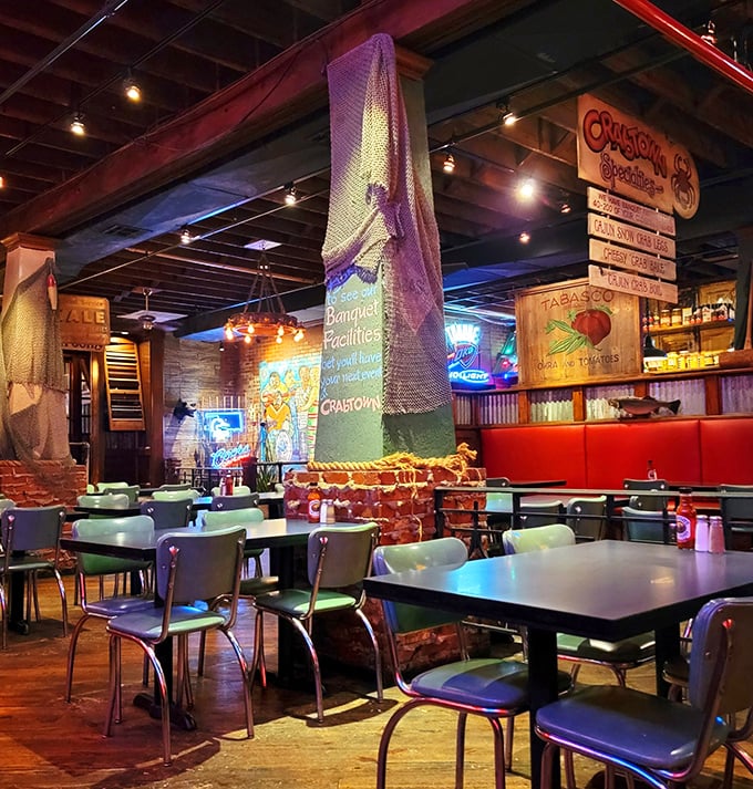 Where fishing nets meet dining comfort—the restaurant's rustic-maritime aesthetic somehow makes perfect sense 500 miles from the nearest coast.