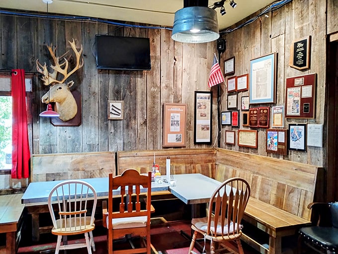 The dining room feels like your favorite uncle's cabin—if your uncle had impeccable taste in rustic Americana and comfort food.