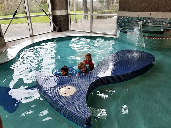 A whimsical kiddie pool designed with tiny swimmers in mind. The blue mosaic whale becomes an instant favorite for the preschool crowd.