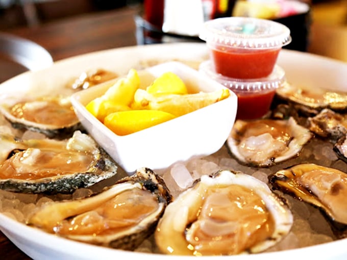 Fresh oysters on the half shell—nature's perfect appetizer. That little cup of cocktail sauce is standing by, ready for its supporting role in this briny drama.