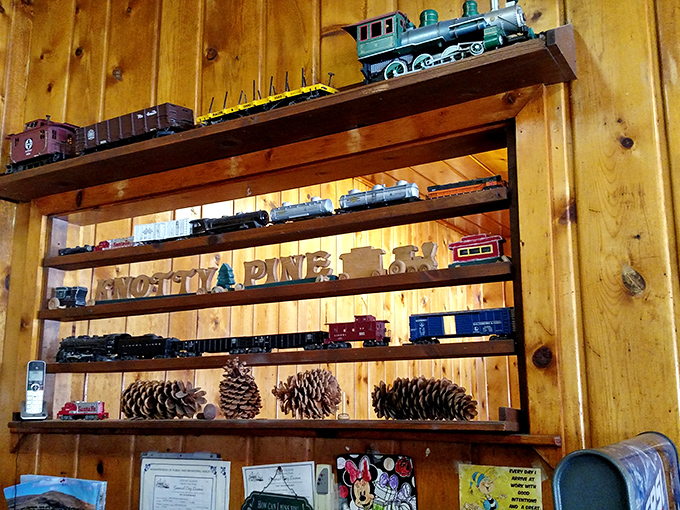 A shrine to railroad history where model trains keep watch over pine cones—a perfectly Nevada combination of transport and nature.