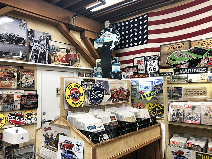 Americana overload—where James Dean meets Route 66 memorabilia in a testosterone-fueled corner that smells faintly of motor oil and nostalgia.