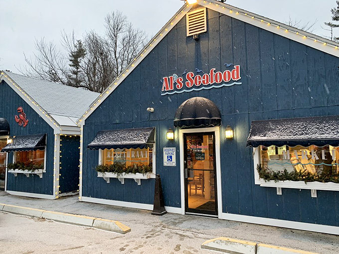 Winter can't stop Al's seafood magic – that blue building practically radiates warmth and the promise of chowder.