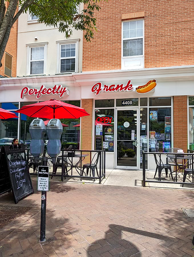 Those red umbrellas aren't just for shade—they're marking the spot where hot dog dreams come true!