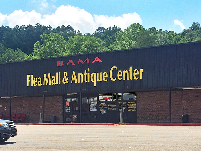 The unassuming exterior of Bama Flea Mall belies the wonderland within—like finding a treasure chest disguised as a shoebox. Pure Alabama magic awaits!