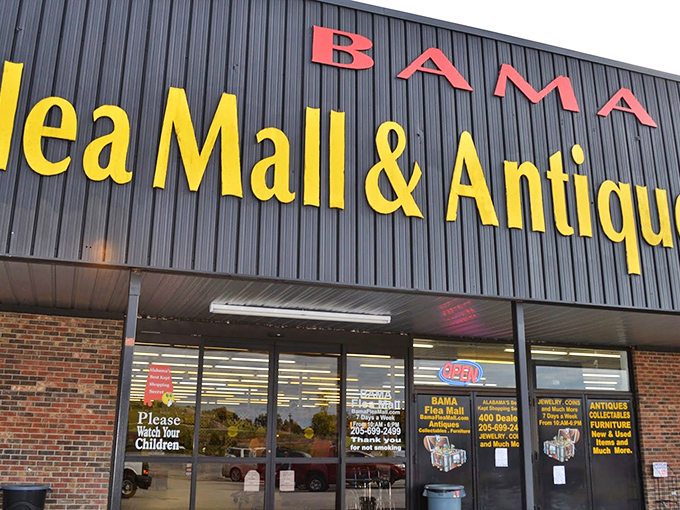 The unassuming exterior of Bama Flea Mall belies the wonderland within—like finding a treasure chest disguised as a shoebox. Pure Alabama magic awaits! 