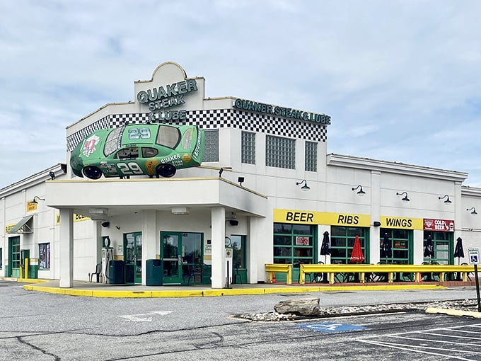Inside, cars don't just inspire the decor—they ARE the decor. An entire vehicle suspended from the ceiling turns traditional restaurant design upside down, quite literally.