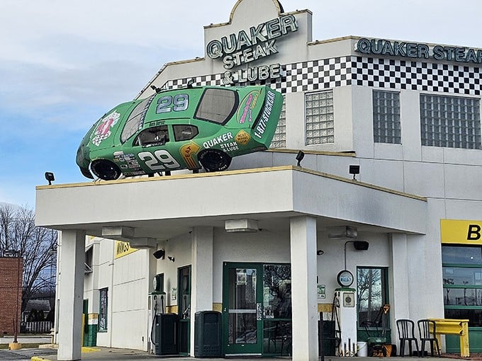 Inside, cars don't just inspire the decor—they ARE the decor. An entire vehicle suspended from the ceiling turns traditional restaurant design upside down, quite literally.