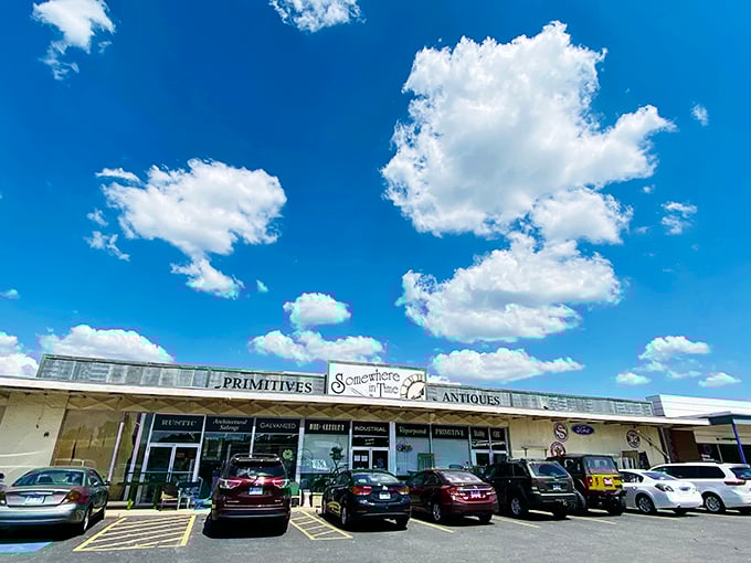 Under Arkansas blue skies, Somewhere In Time Antique Mall stands like a portal to the past, inviting treasure hunters with its unassuming charm.
