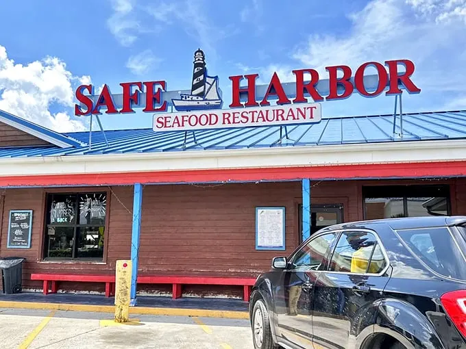The weathered wooden exterior says everything you need to know—this place spends its money on the seafood, not fancy architecture. That's my kind of priority.