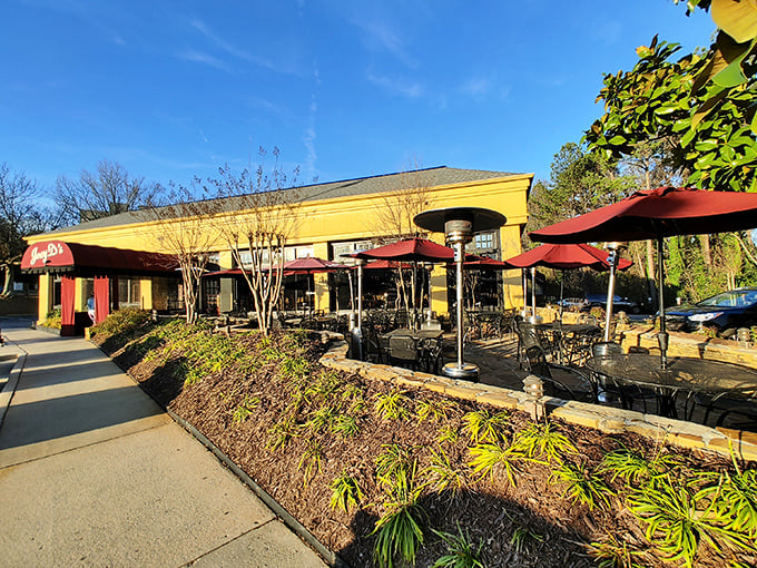 The iconic burgundy awning of Joey D's beckons like a culinary lighthouse in Dunwoody, promising comfort and indulgence just steps from the parking lot.
