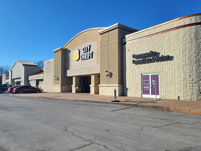The unassuming exterior of City Thrift belies the treasure trove within—like finding a portal to another dimension disguised as a strip mall storefront.