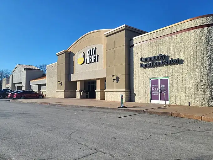 The unassuming exterior of City Thrift belies the treasure trove within—like finding a portal to another dimension disguised as a strip mall storefront.