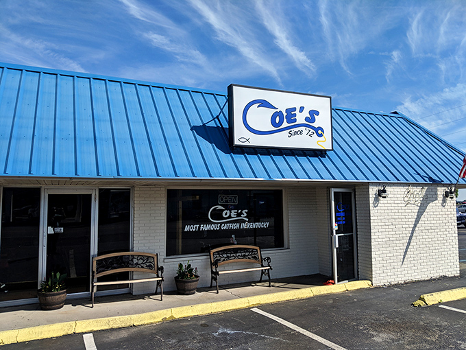 The unassuming blue-roofed exterior of Coe's Steak House stands like a beacon for hungry travelers. Kentucky's culinary treasures often hide in plain sight.