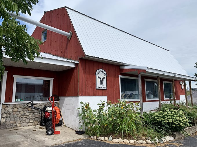 The iconic red barn of Moomers stands like a beacon of dairy delight, promising cold comfort in a world that's often too heated.