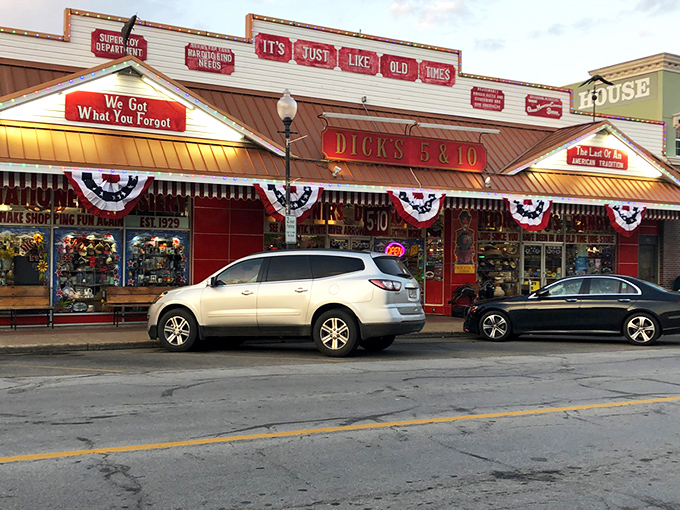 The glowing neon sign of Dick's 5 & 10 beckons like a lighthouse of nostalgia on Branson's main strip. "It's Just Like Old Times" isn't just a slogan—it's a promise. 