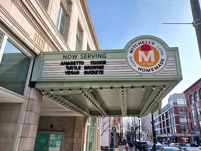 The vintage marquee announces today's flavors like Broadway shows. Cleveland's ice cream theater where every scoop deserves top billing.