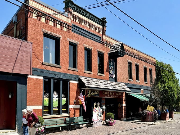 The brick facade of Schmidt's Sausage Haus stands proudly in German Village, like a delicious time portal to Old World Bavaria.