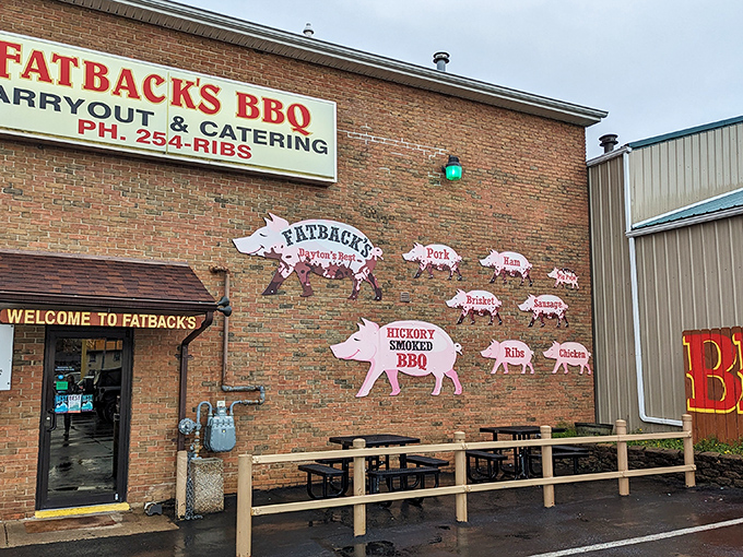 The pink pig silhouettes on Fatback's brick exterior aren't just decoration—they're a roadmap to flavor paradise. Welcome to pork heaven!