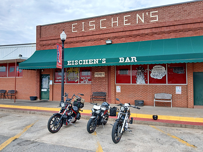 The unassuming brick exterior of Eischen's Bar in Okarche welcomes hungry pilgrims. Those motorcycles aren't parked outside by accident—riders know where the good stuff is.