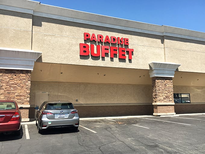 The red signage beckons like a lighthouse for the hungry, promising culinary abundance inside this unassuming strip mall treasure. 