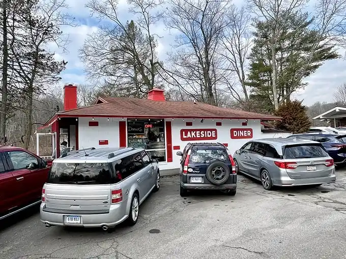 The little red-trimmed diner that could! Lakeside's unassuming exterior hides breakfast magic that keeps the parking lot perpetually full.