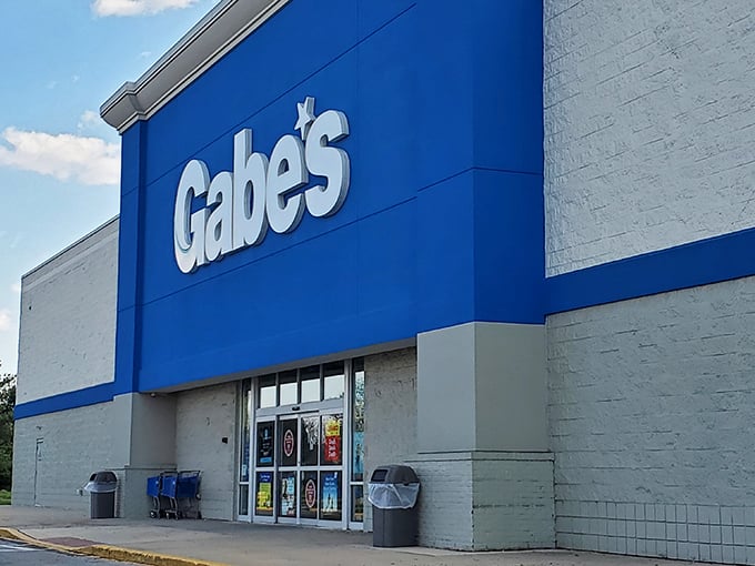 The iconic blue Gabe's sign beckons like a lighthouse for bargain hunters. No fancy frills, just the promise of deals that'll make your wallet sigh with relief.