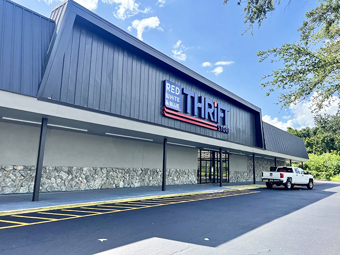 The unassuming exterior of Red White and Blue Thrift Store hides a treasure trove within—like finding a speakeasy, but instead of cocktails, you'll discover vintage treasures.