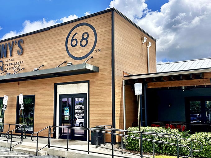 Sonny's wooden façade stands like a beacon of barbecue promise, the "68" emblem reminding us some traditions are worth preserving.