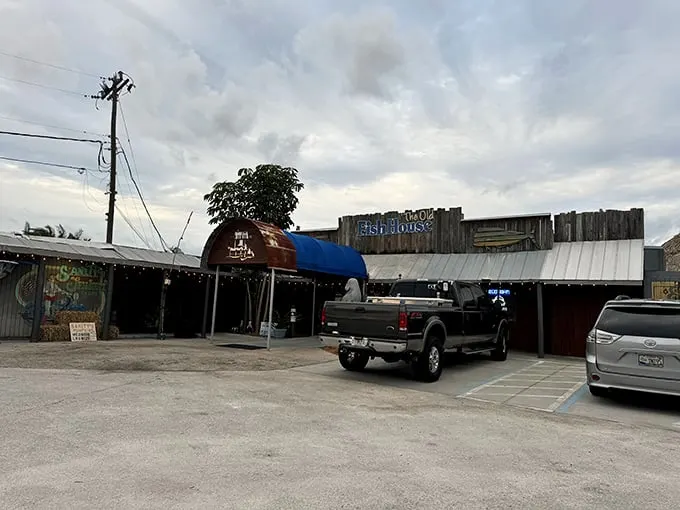 The weathered wooden exterior and giant fish sculpture aren't trying to impress you—they're saving all that energy for what's on your plate.