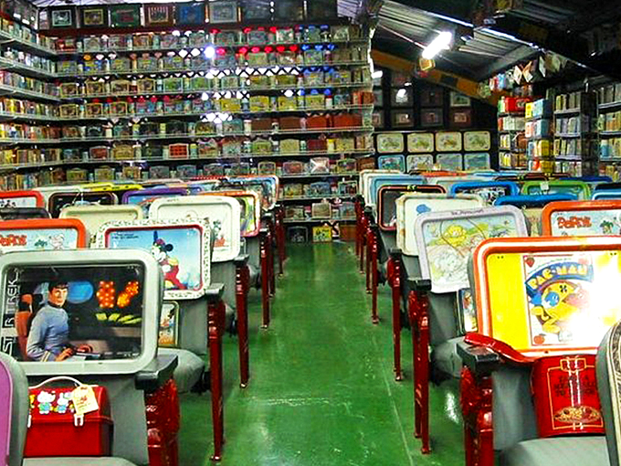 Wall-to-wall nostalgia hits you like a tidal wave of childhood memories, with colorful lunchboxes creating an almost psychedelic flashback to simpler times.