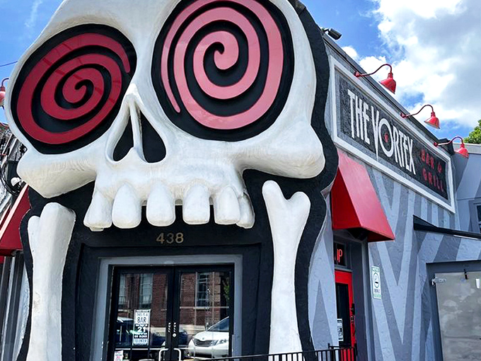 Enter if you dare! The Vortex's iconic skull entrance in Little Five Points isn't just photogenic—it's your portal to Atlanta's most deliciously rebellious dining experience.