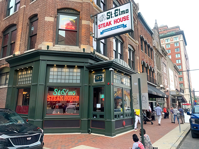 The historic brick façade of St. Elmo Steak House stands proudly on Illinois Street, a culinary landmark that's been tempting Indianapolis carnivores for generations.