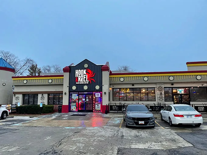 The nautical-themed exterior of Hook & Reel stands like a lighthouse for seafood lovers in landlocked Kansas, complete with those charming porthole windows.