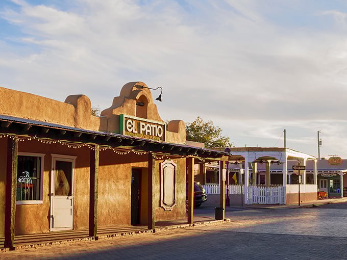 The Organ Mountains create a dramatic backdrop for Mesilla's adobe buildings, like nature's own theatrical curtain for this historic stage.
