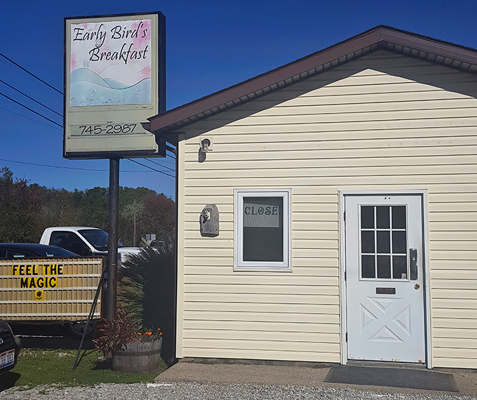 The unassuming exterior of Early Bird's promises nothing fancy—just "FEEL THE MAGIC" of honest-to-goodness breakfast that's worth the drive from anywhere in Ohio.