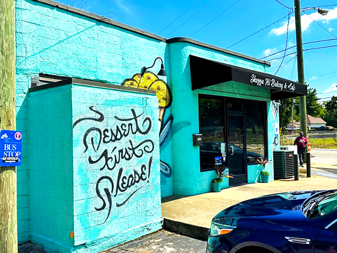 The turquoise beacon of breakfast bliss stands out like a dessert oasis in Nashville. "Dessert First Please!" isn't just wall art—it's a life philosophy.