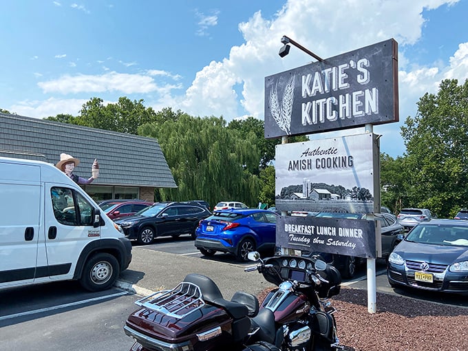 Katie's Kitchen welcomes hungry travelers with its unassuming charm and a sign promising "Authentic Amish Cooking" – a promise it delivers on spectacularly. 