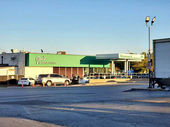 The iconic green exterior of Joe's Kansas City Bar-B-Que stands as a beacon of hope for hungry travelers—proof that extraordinary food often hides in ordinary places.