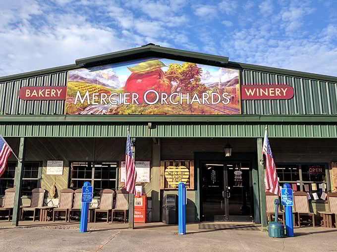Welcome to paradise! The rustic wooden exterior of Mercier Orchards invites visitors with its "Welcome to Our Farm" sign and promise of U-pick adventures.