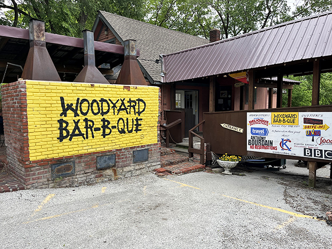 That bright yellow wall isn't just eye-catching—it's a beacon for barbecue pilgrims. Woodyard's humble exterior houses smoking treasures that have made it a Kansas City legend.