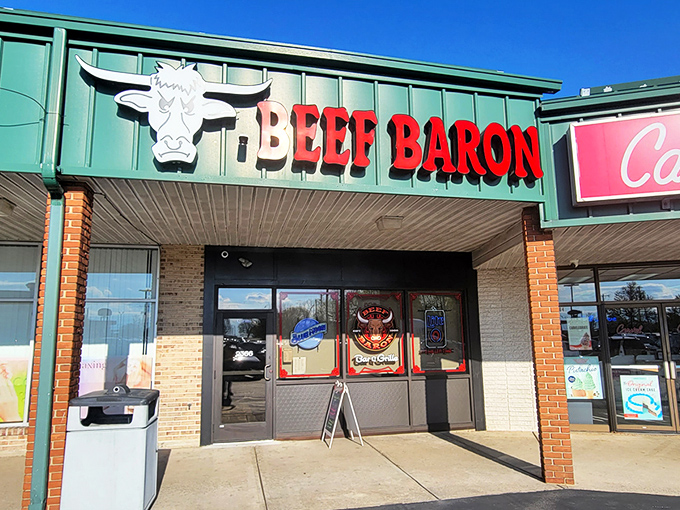 The unmistakable Beef Baron sign greets hungry travelers like a carnivorous North Star, guiding meat lovers to their delicious destination.