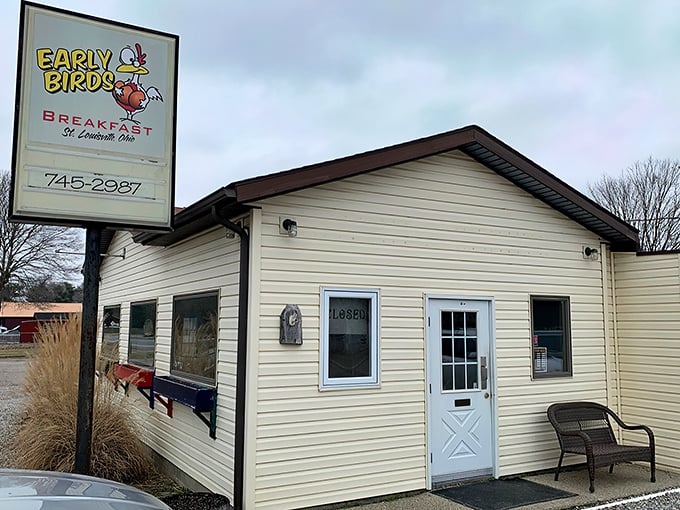 The unassuming exterior of Early Bird's promises nothing fancy—just "FEEL THE MAGIC" of honest-to-goodness breakfast that's worth the drive from anywhere in Ohio.