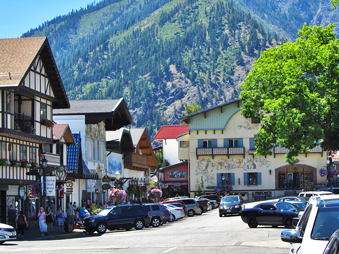 Bavarian architecture meets Pacific Northwest skies as Leavenworth's charming downtown invites visitors to wander among its timber-framed buildings and mountain views.