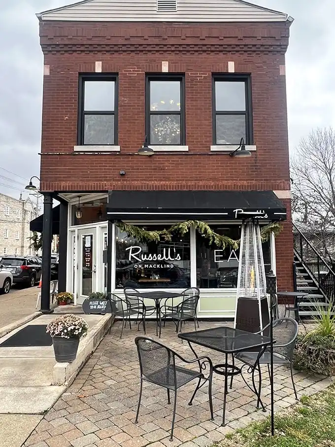 The classic red brick facade of Russell's on Macklind stands like a delicious sentinel in St. Louis' Southampton neighborhood, complete with inviting outdoor seating.