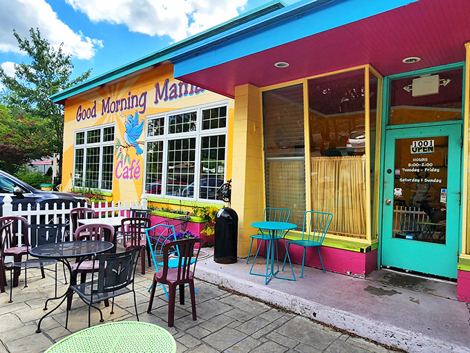 The sunshine-yellow exterior isn't just a building—it's a mood-altering device that promises happiness served on a plate. 